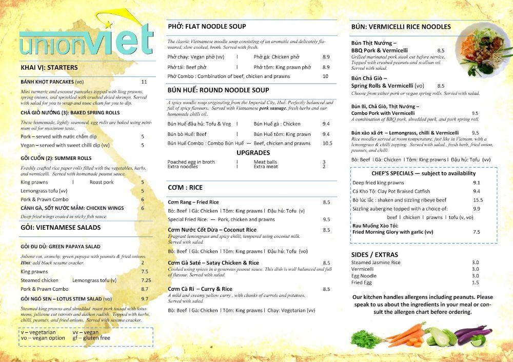 Menu at Union Viet Café cafe, London