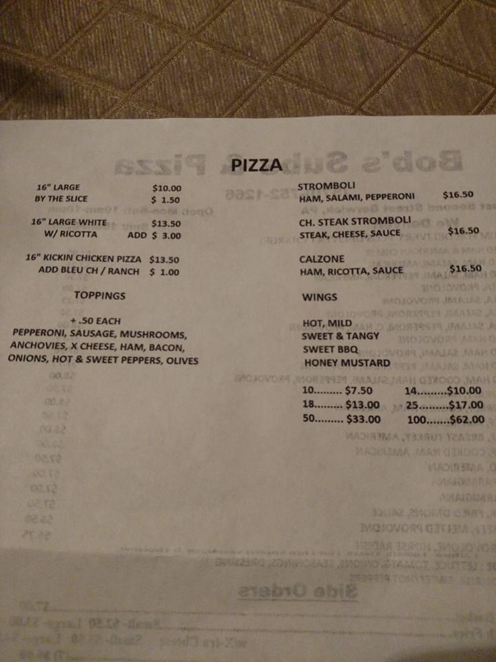 Menu at Bob's Subs & Pizza restaurant, Berwick