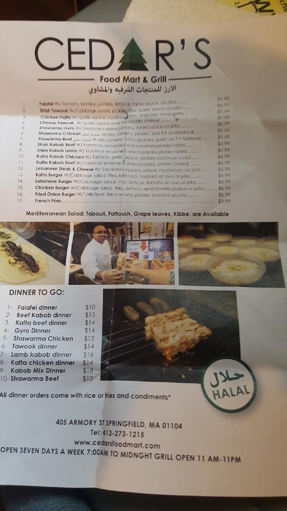 Menu at Cedar's Food Mart and Grill Halal restaurant, Springfield