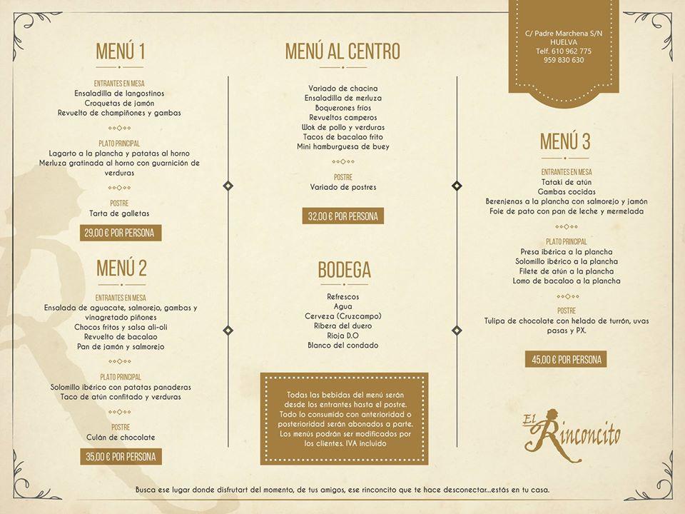 Menu at El Rinconcito restaurant, Huelva, Calle Padre Marchena