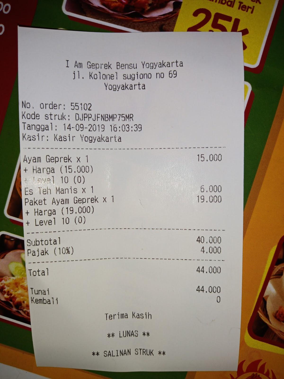 Menu at I Am Geprek Bensu restaurant, Yogyakarta