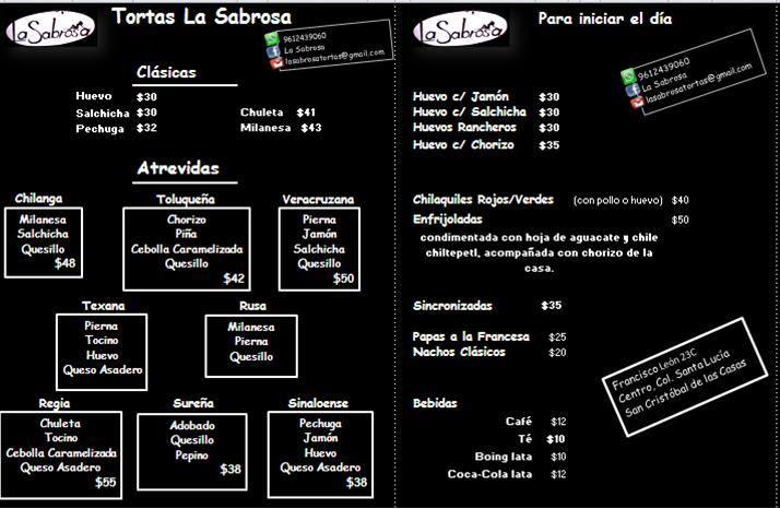 Menu at La Sabrosa Tortas restaurant, San Cristóbal de las Casas