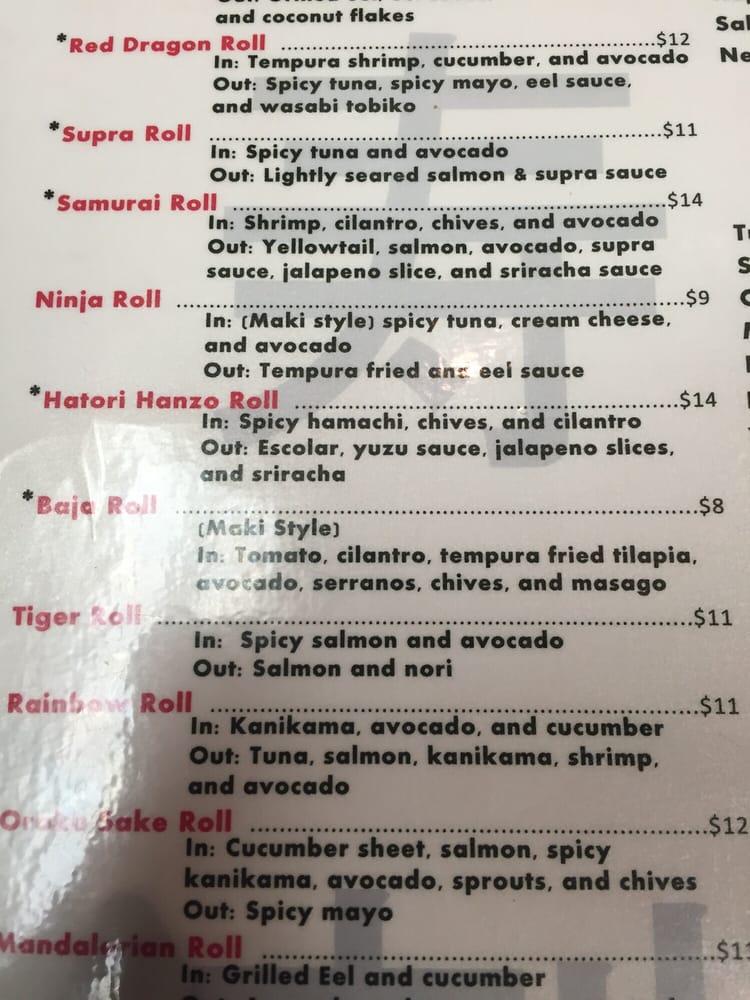 Menu at Nama Ramen restaurant, San Antonio