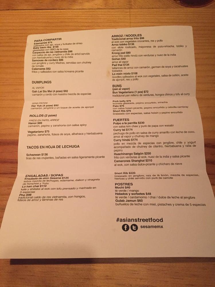 Menu at Sesame restaurant, Ciudad López Mateos