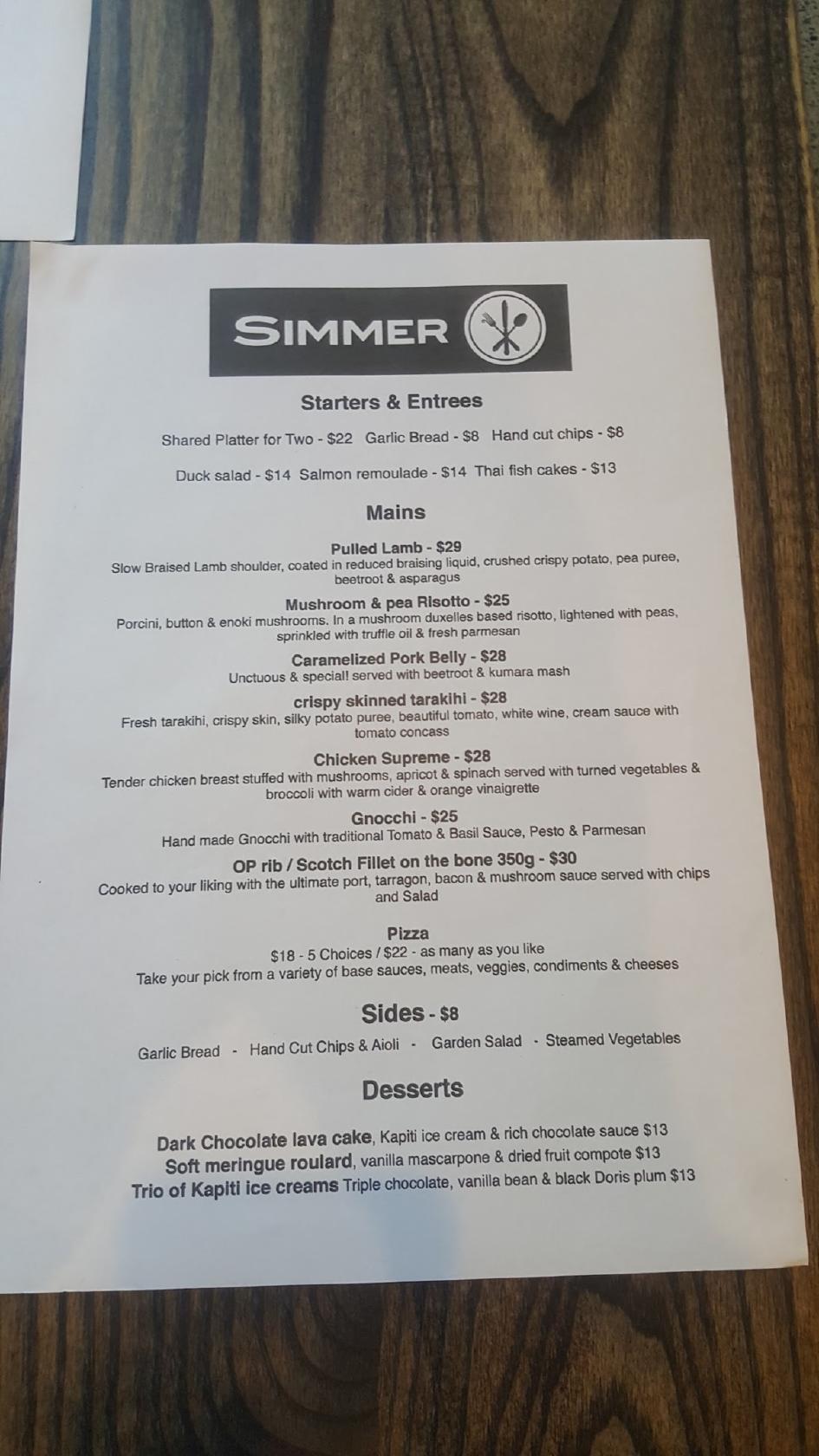 Menu at Simmer Café cafe, Wellington