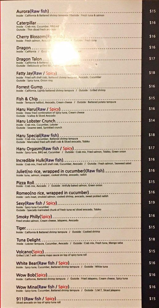 Menu at reHARU Sushi restaurant, Anchorage