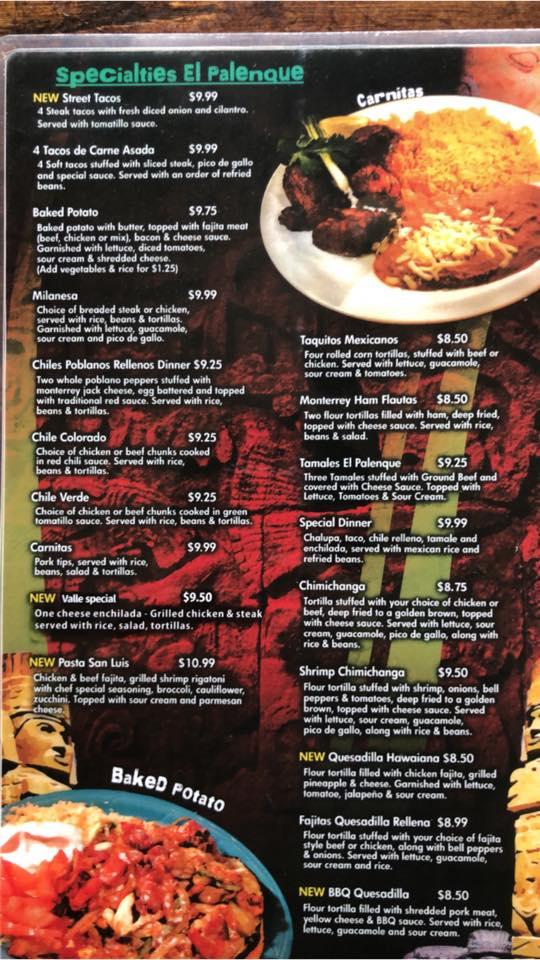 Menu at El Palenque restaurant, Cave City