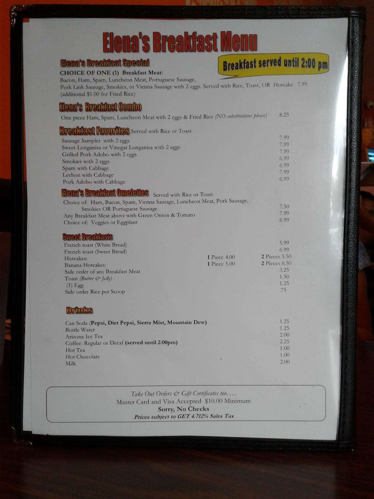 Menu at Elena's Restaurant, Waipahu, Tropicana Square Shopping Center