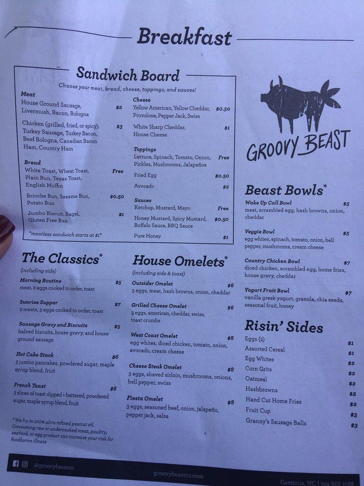 Carta del restaurante Groovy Beast, Gastonia