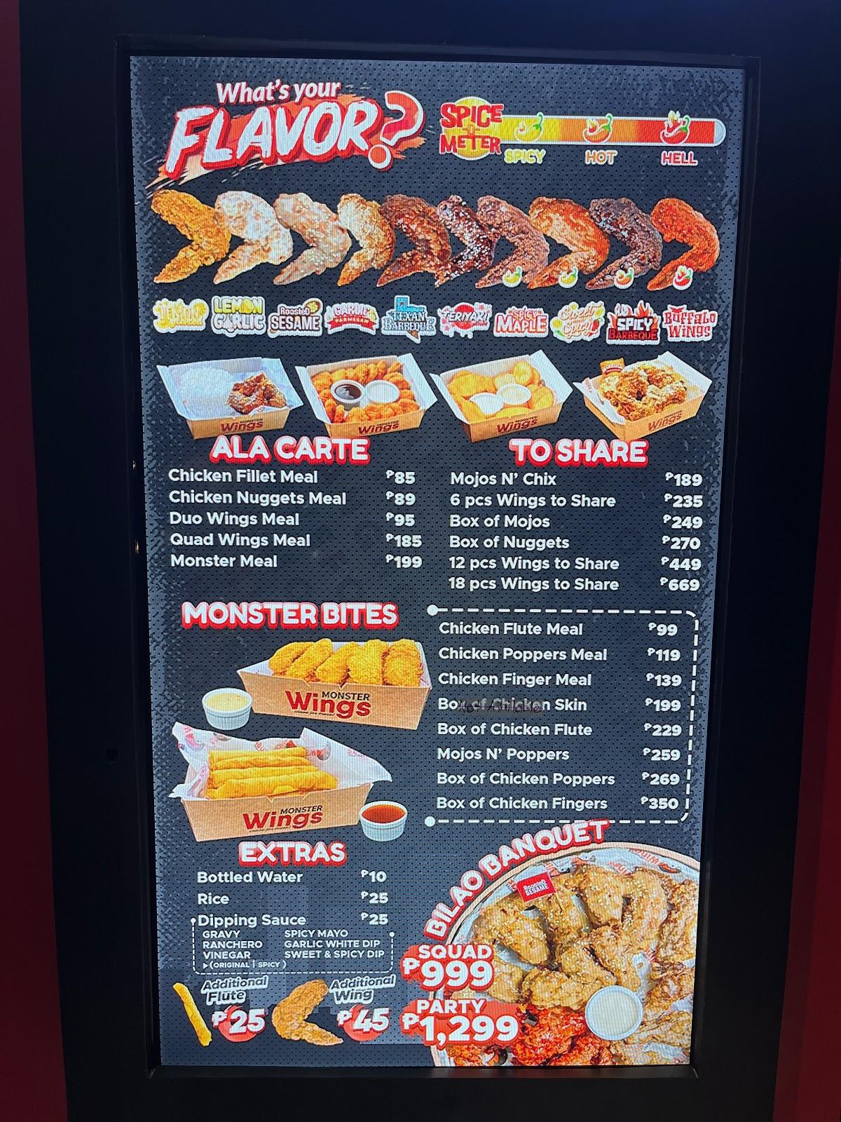 Menu at Monster Wings restaurant, Coron