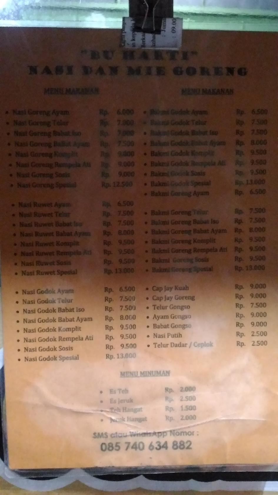Menu at Nasgor Bu Harti restaurant, Salatiga