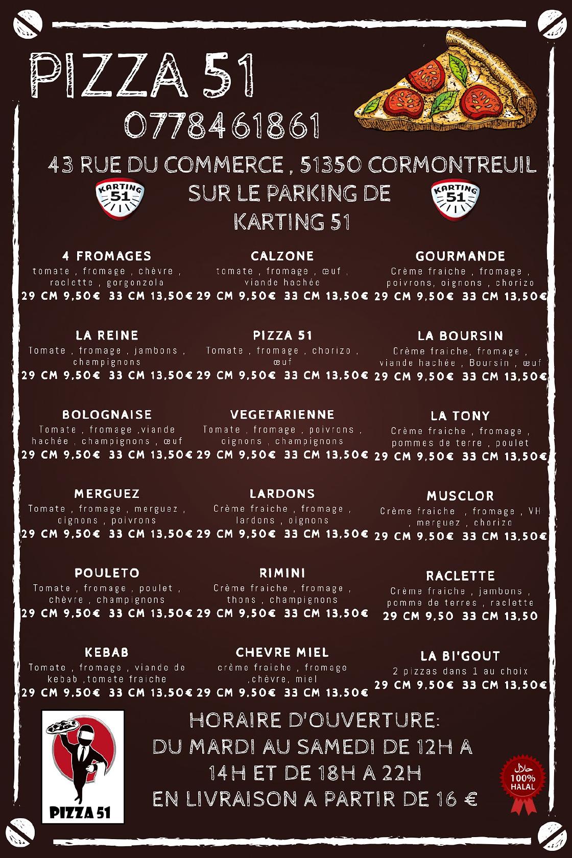 Menu at Pizza 51 pizzeria, Cormontreuil