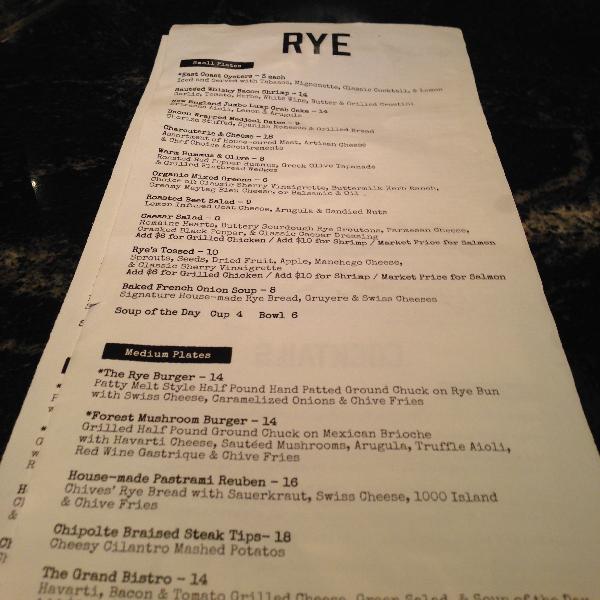 Menu at Rye Restaurant, Appleton