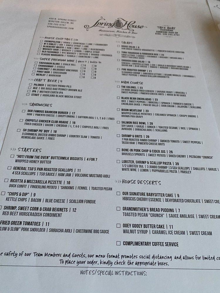 Menu at Spring House Restaurant, Kitchen & Bar, Winston-Salem