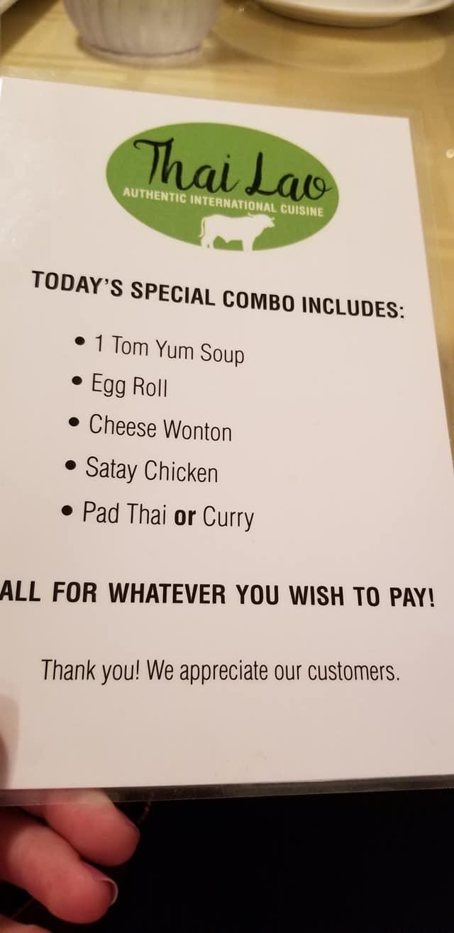 Menu at Thai Lao restaurant, Mishawaka
