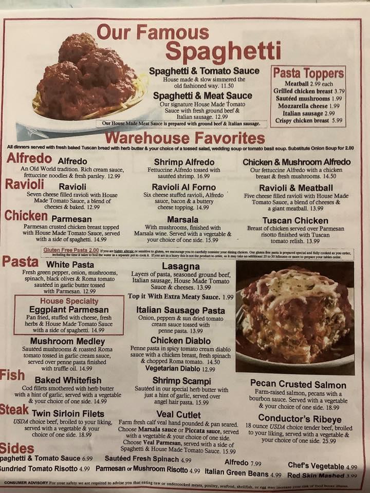 Menu at The Warehouse Delaware restaurant, Delaware