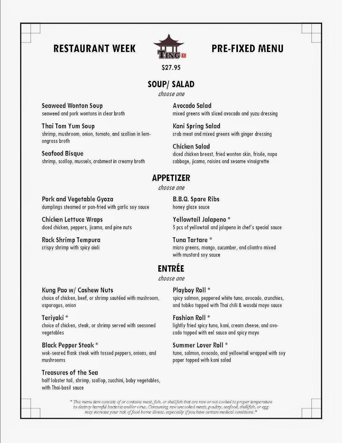 Menu at Ting restaurant, Huntington