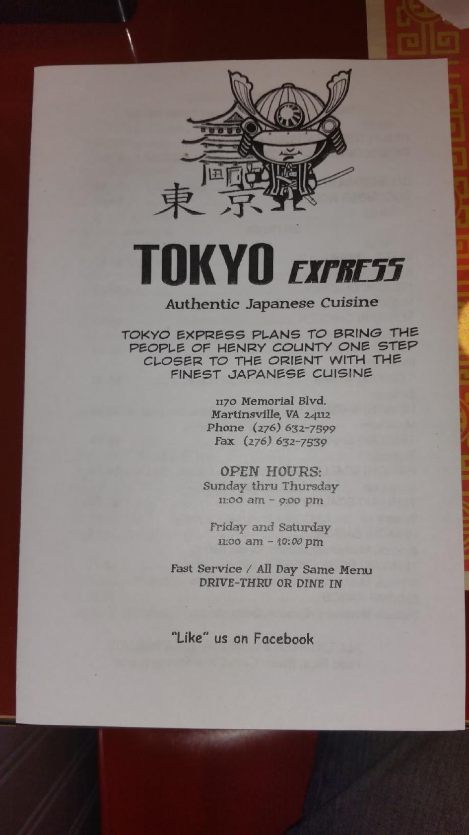 Menu at Tokyo Express restaurant, Martinsville