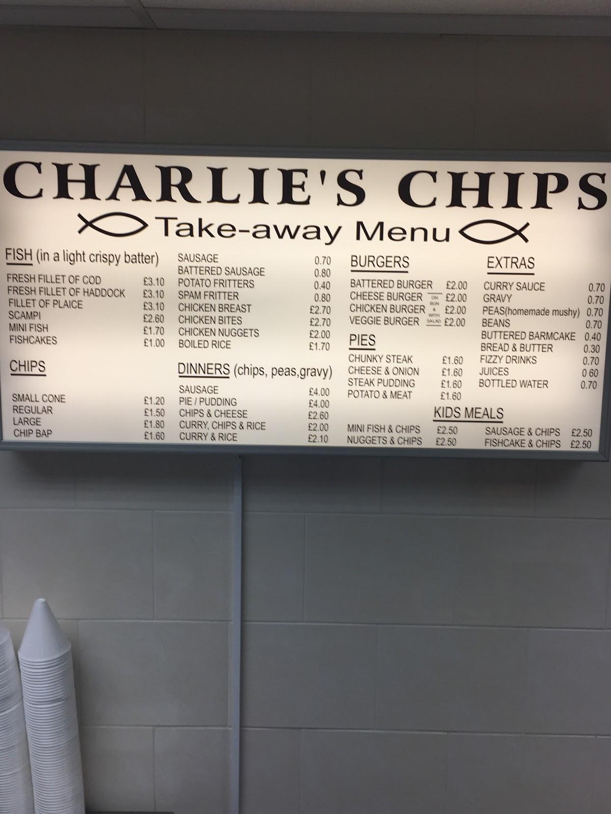 Menu at Charlies Chips restaurant, Chorley, 8 Market Place