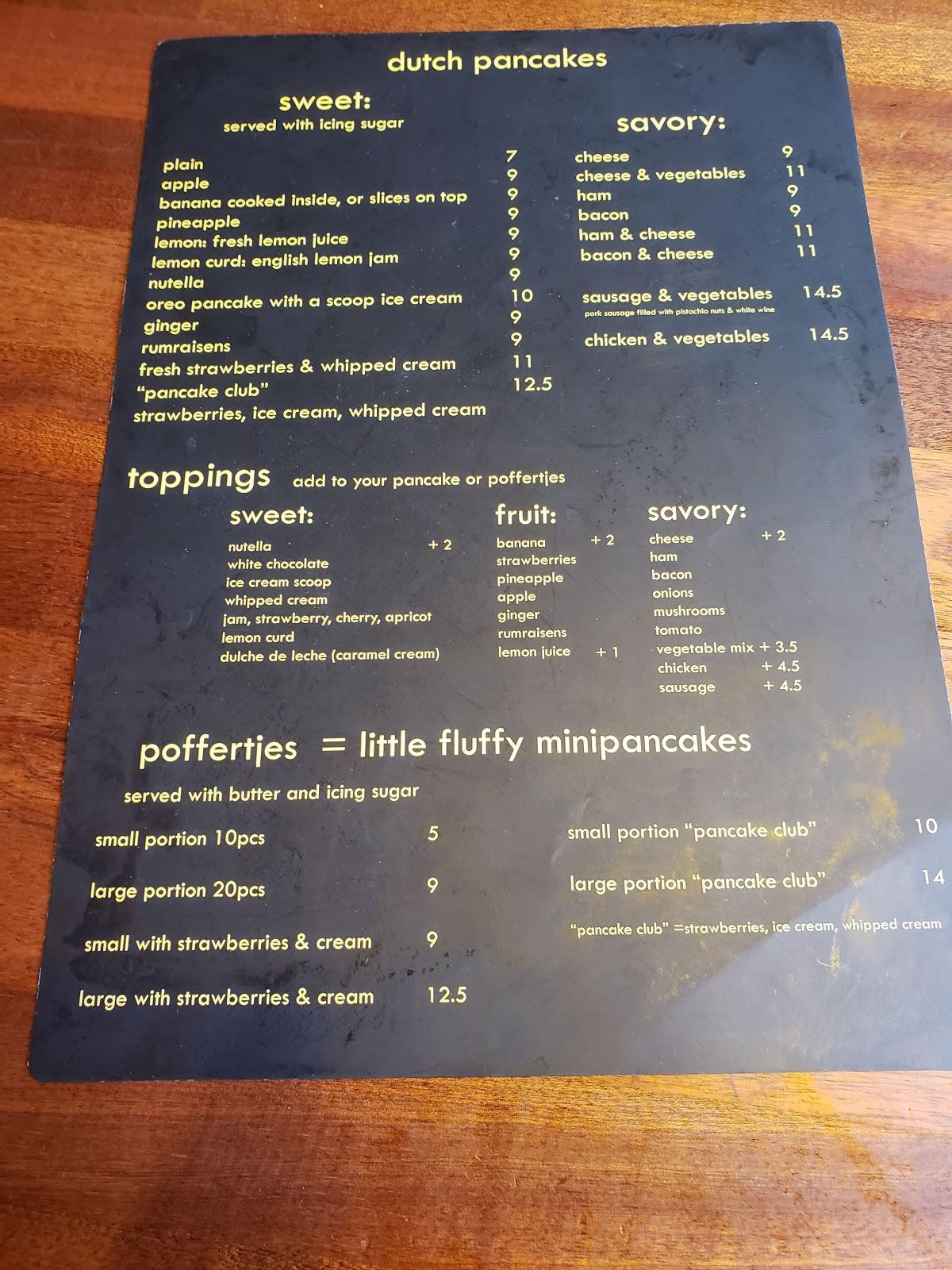 Menu at De Vier Pilaren, Amsterdam