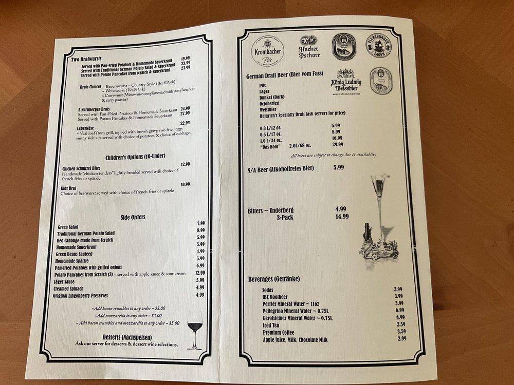 Menu at Heinrich's German Grill pub & bar, Sarasota