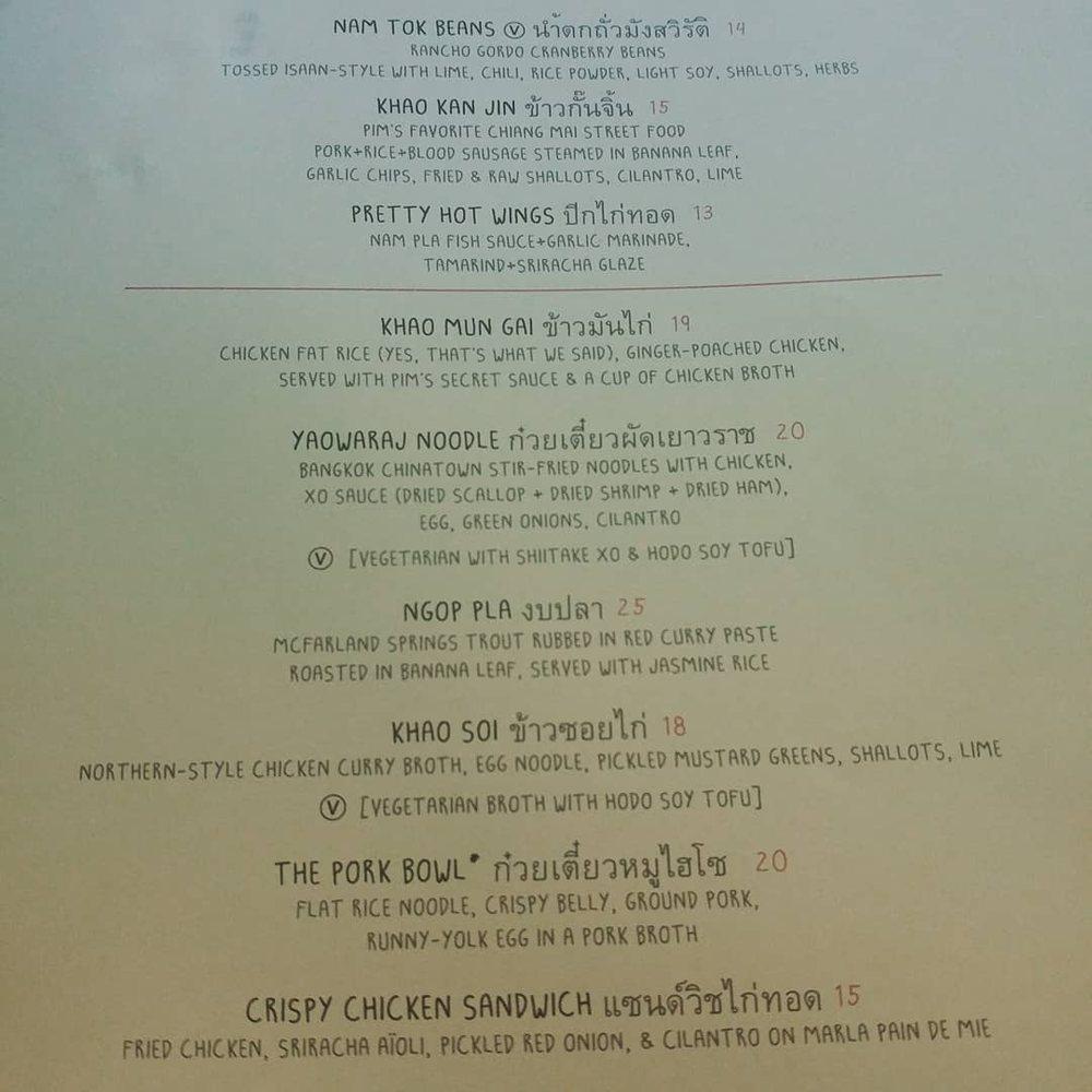 Menu at Kin Khao restaurant, San Francisco
