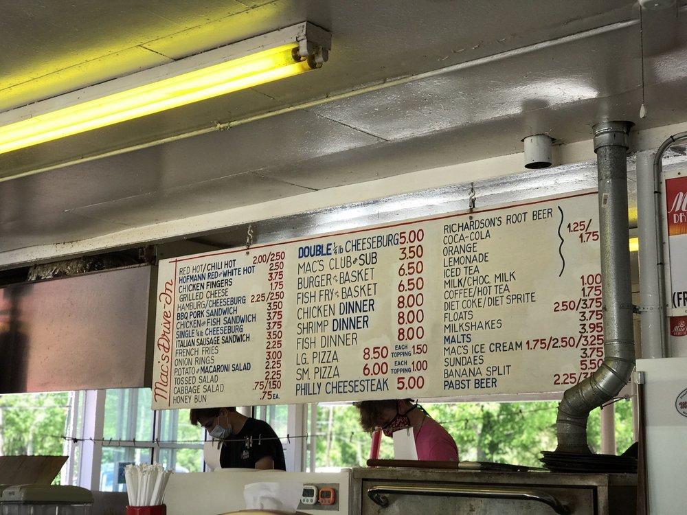 Menu at Mac's Drive-In restaurant, Waterloo