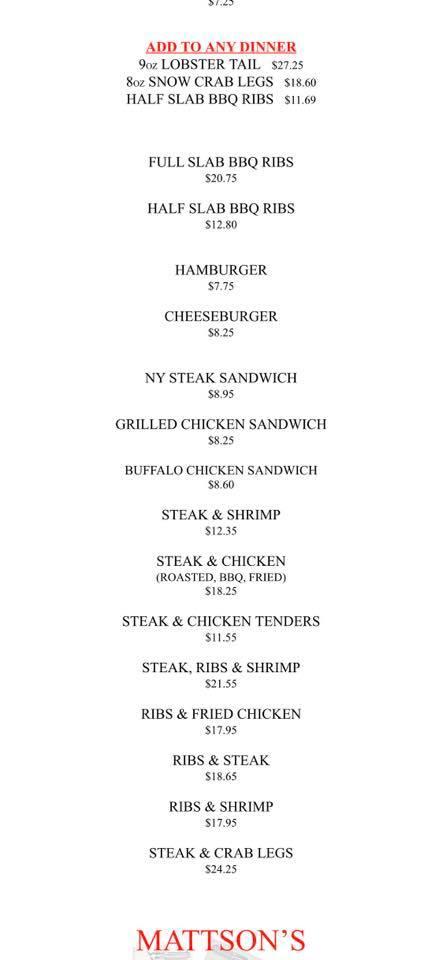 Menu at Mattson's Steak House steakhouse, Burbank