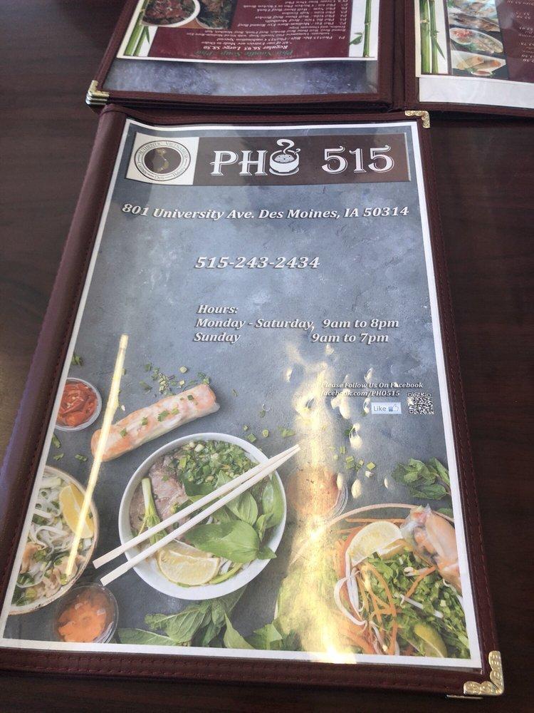 Menu at Pho 515 restaurant, Des Moines, 801 University Ave