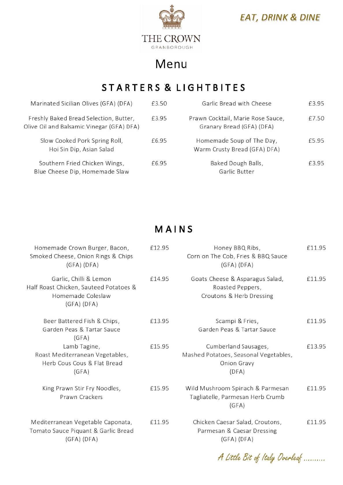 Menu at The Crown pub & bar, Winslow
