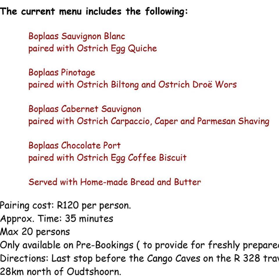 Menu at Cango Caves Zipline & Estate restaurant, South Africa