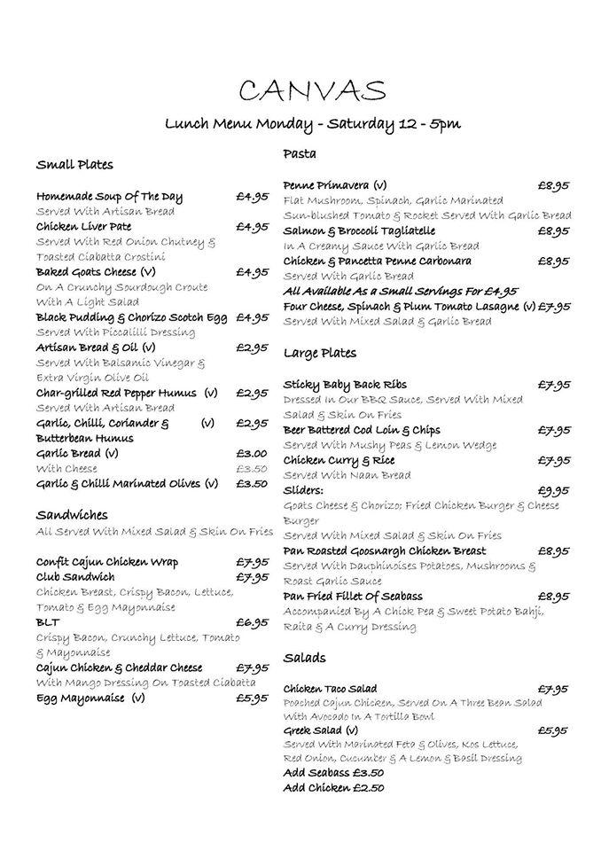 Menu at Canvas pub & bar, Liverpool