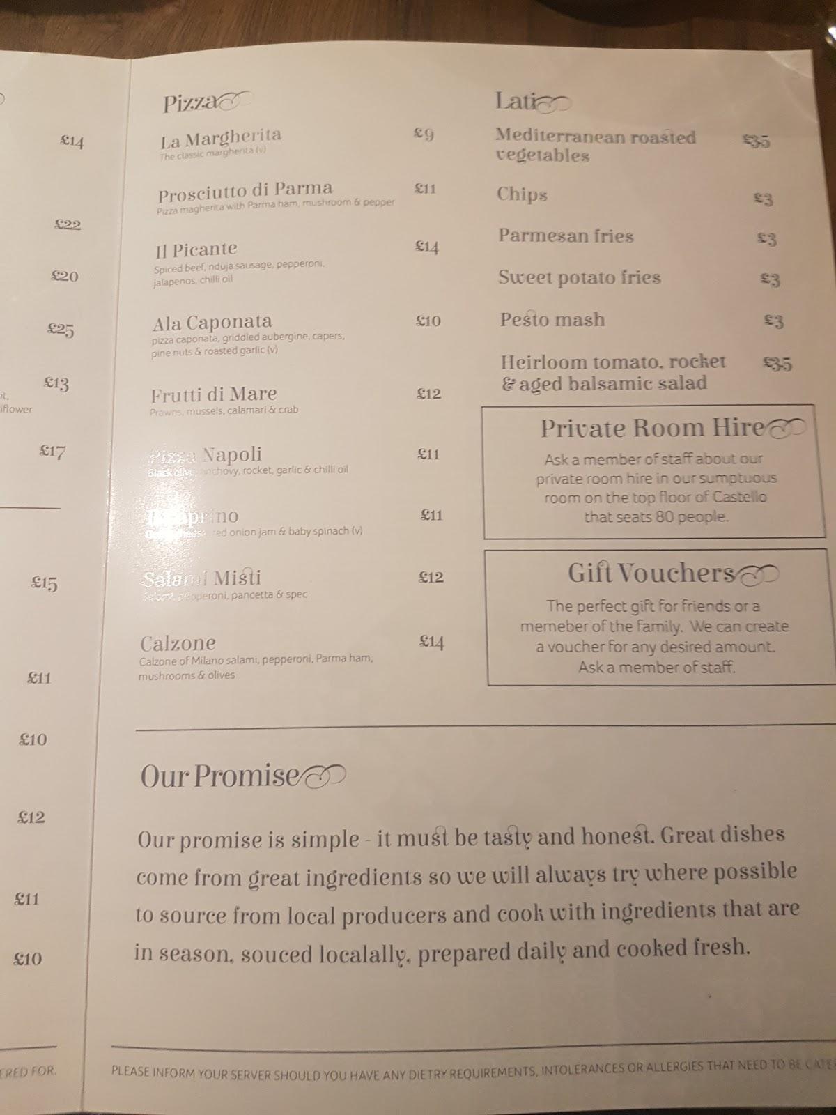 Menu at Castello Italia cafe, Carrickfergus