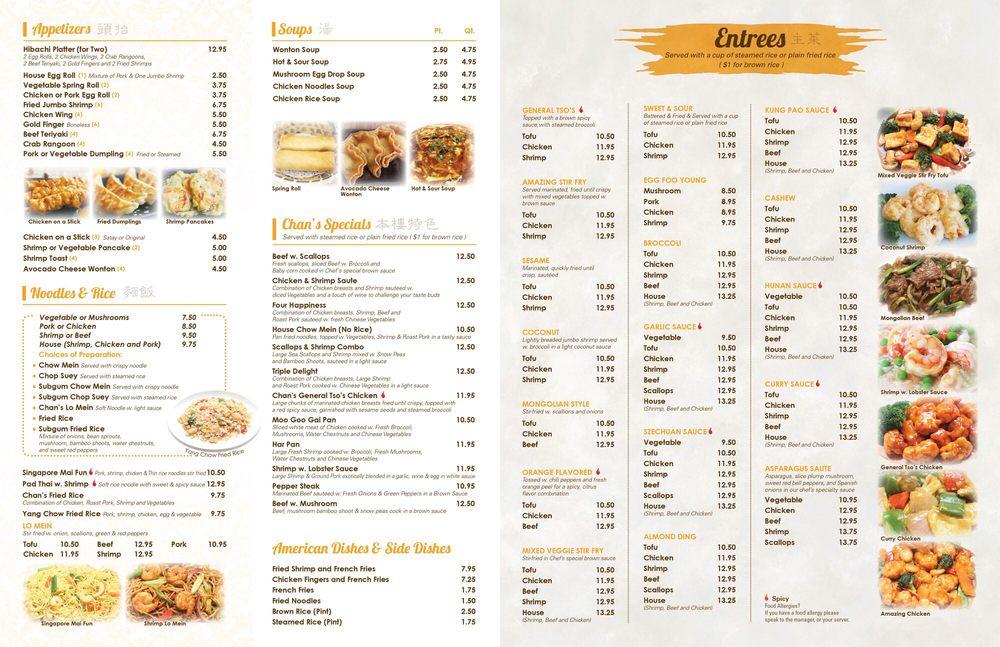 Menu at Chan's Tea House restaurant, West View