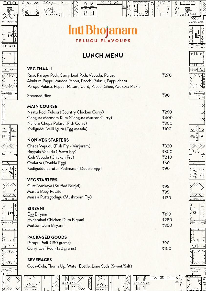 Menu at Inti Bhojanam, Chennai