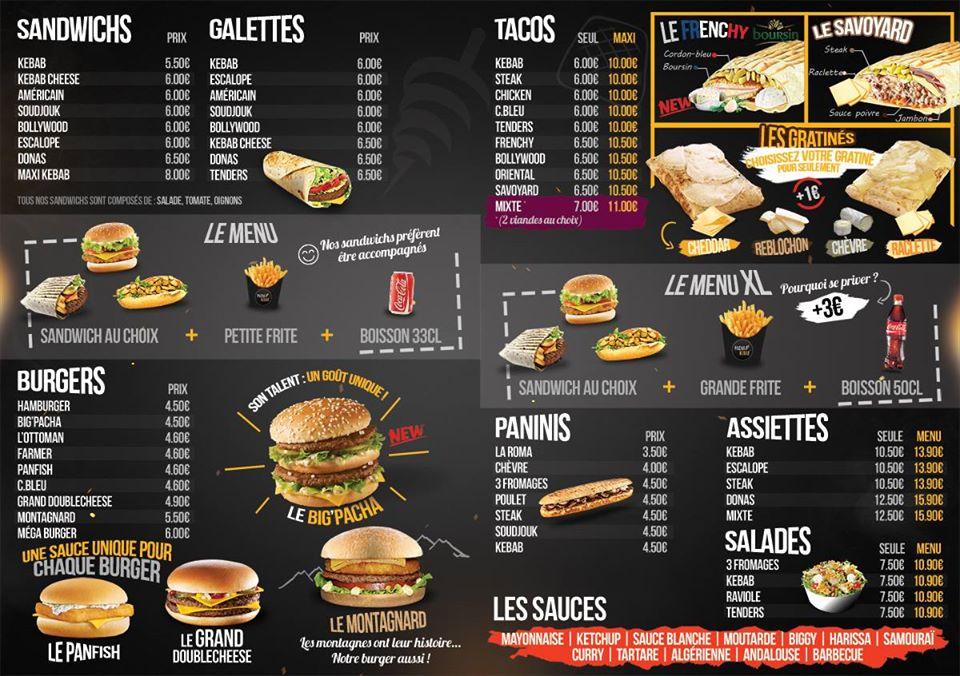 Menu at Le Pacha Kebab pizzeria, Tain-l'Hermitage