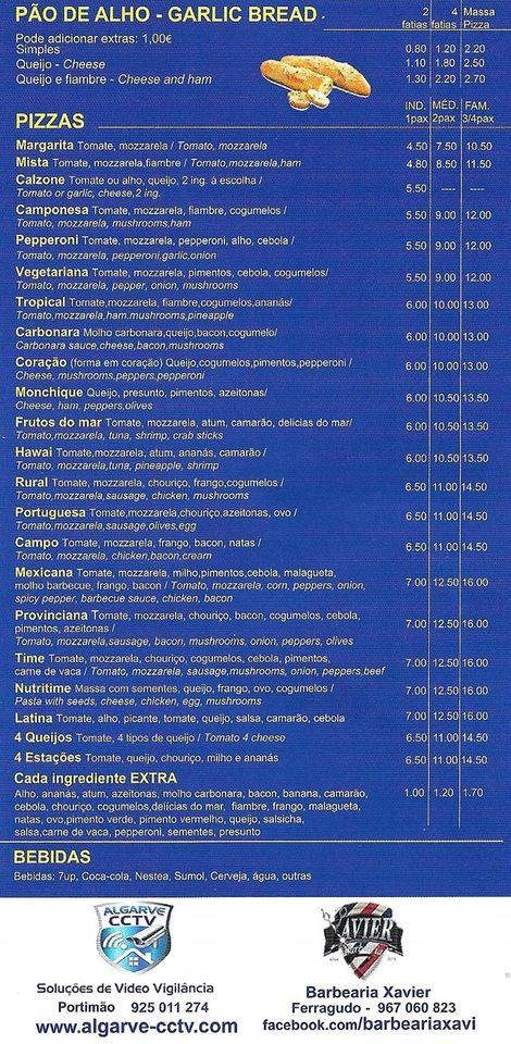 Menu at PIZZARIA Pizza Time, Parchal