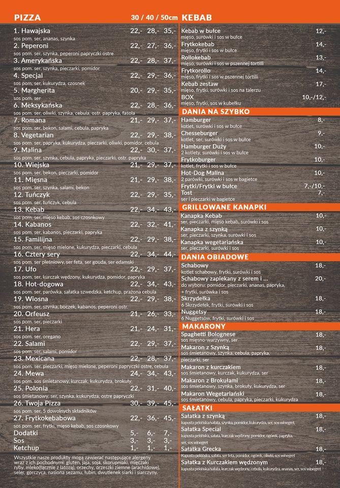 Menu at Pizzeria Malina, Resko