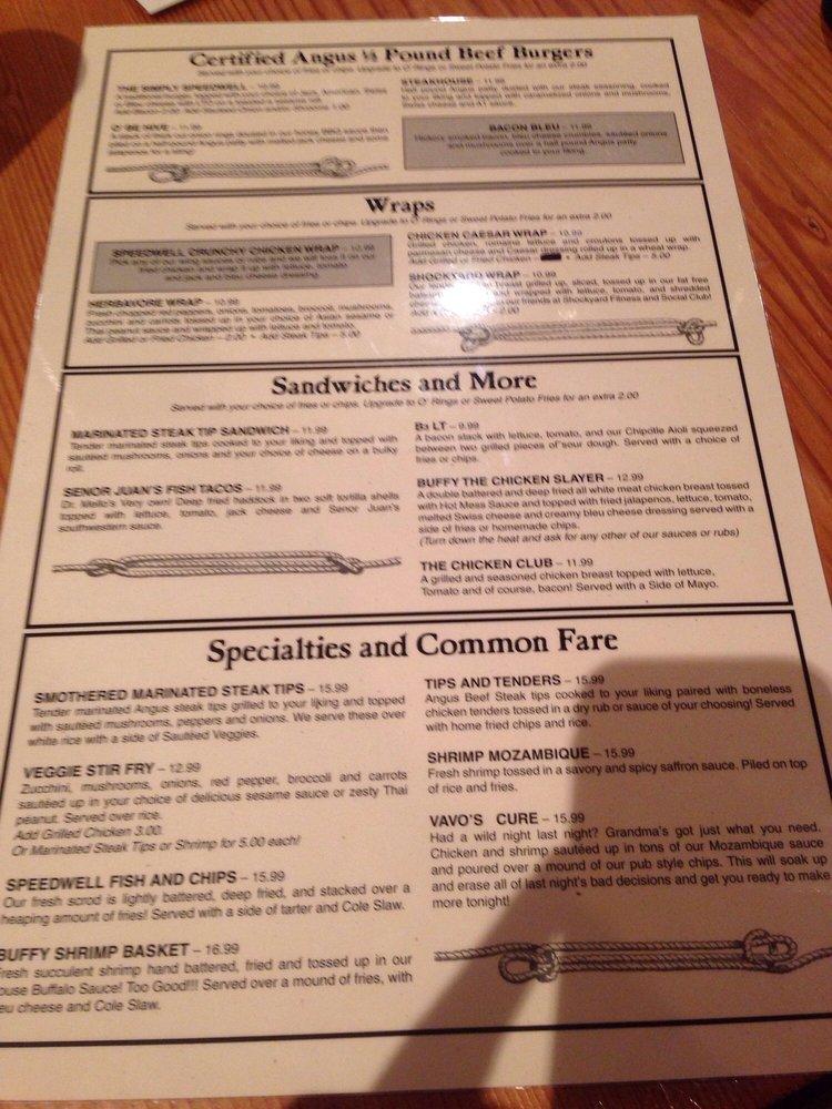 Menu at Speedwell Tavern restaurant, Plymouth