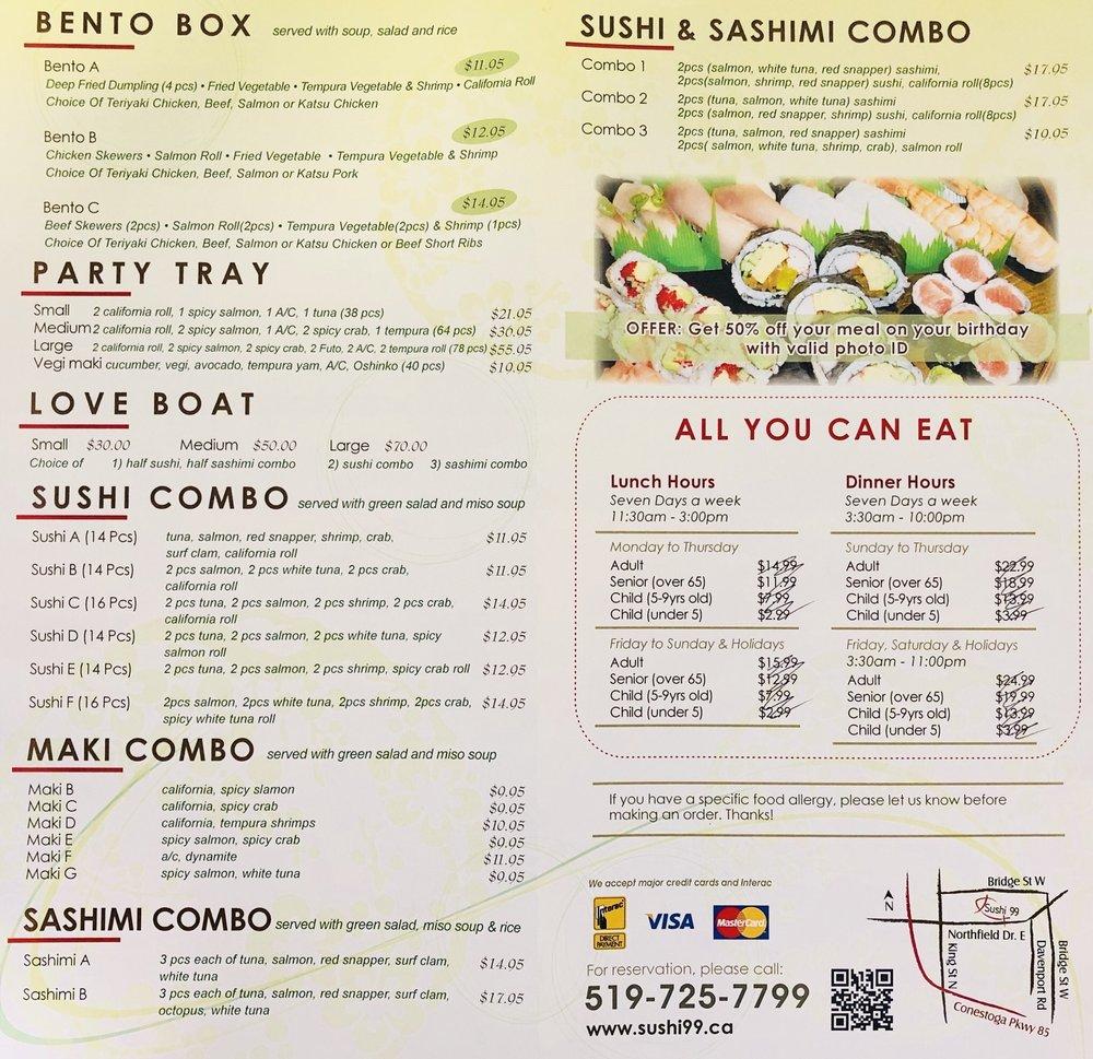 Menu at Sushi 99 restaurant, Waterloo
