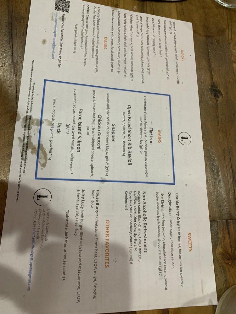Menu at The Little Lamb Gastropub, Clearwater