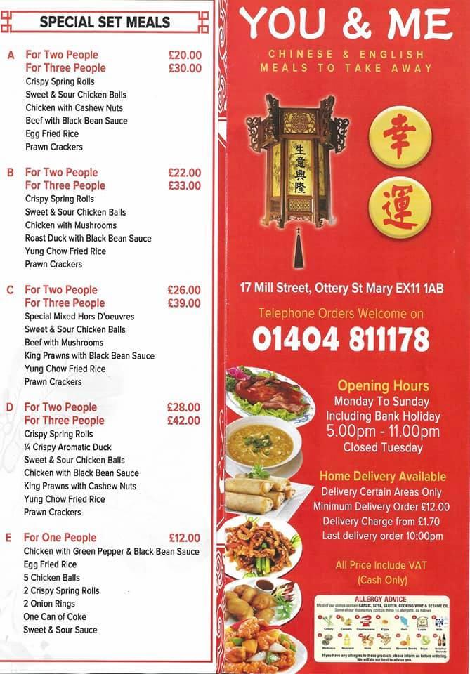Menu at You & Me Chinese Takeaway fast food, Ottery Saint Mary