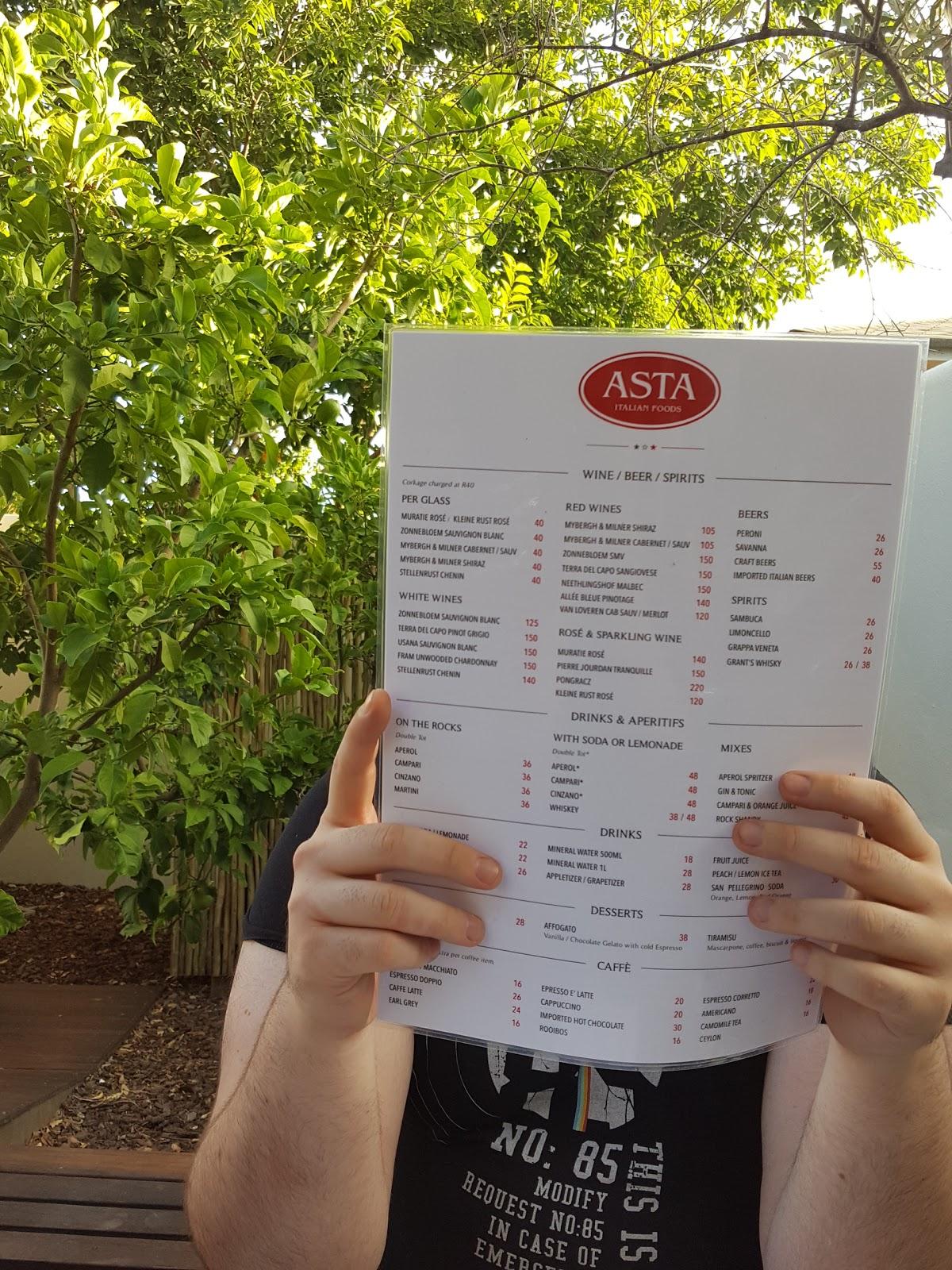 Menu au Asta Italian Restaurant, Stellenbosch
