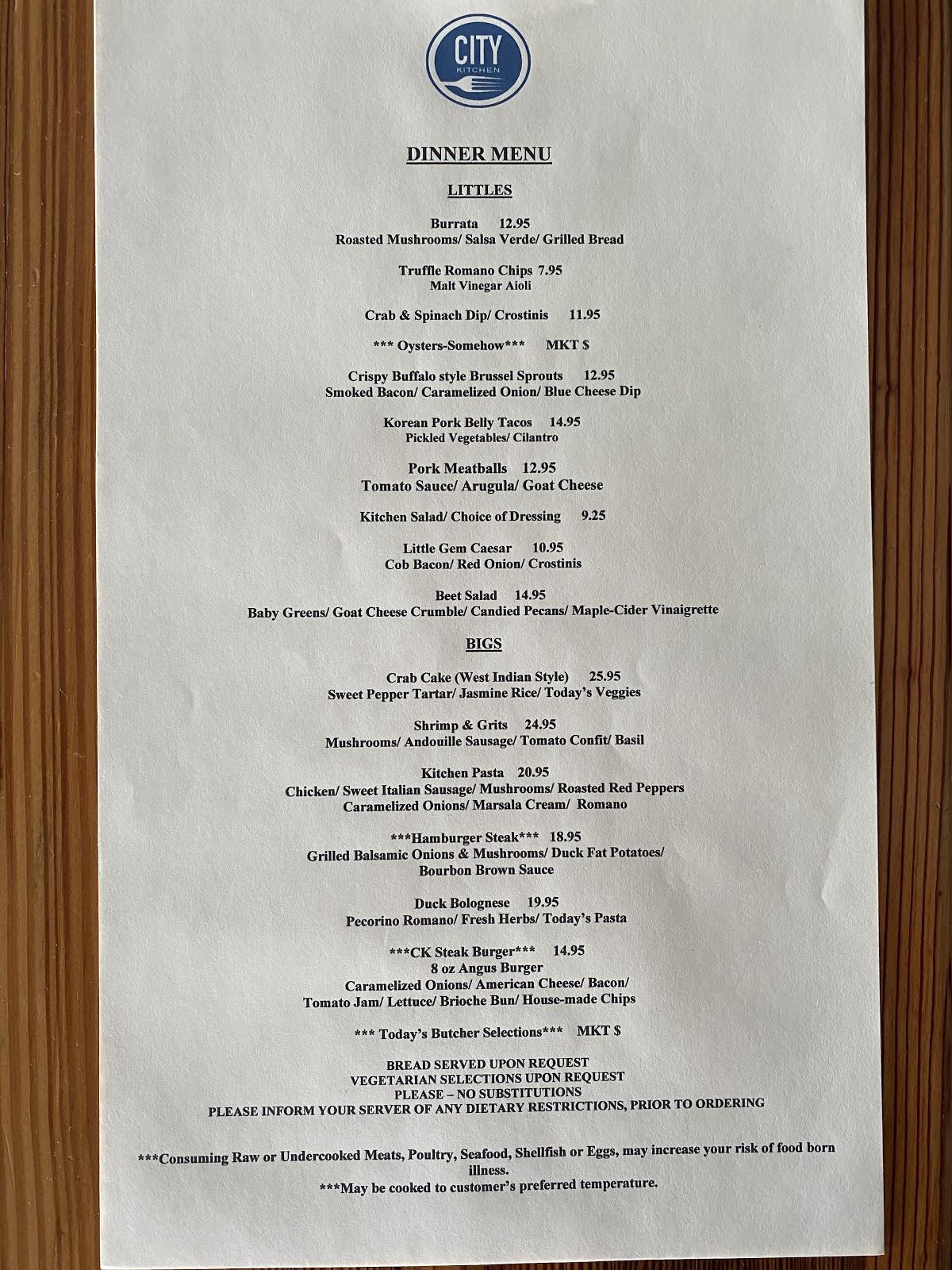 Menu at City Kitchen restaurant, Beaufort