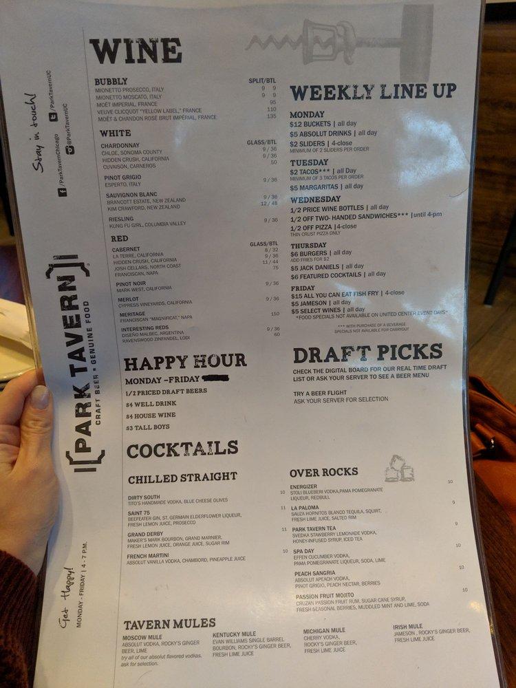 Menu at Park Tavern pub & bar, Chicago, W Jackson Blvd