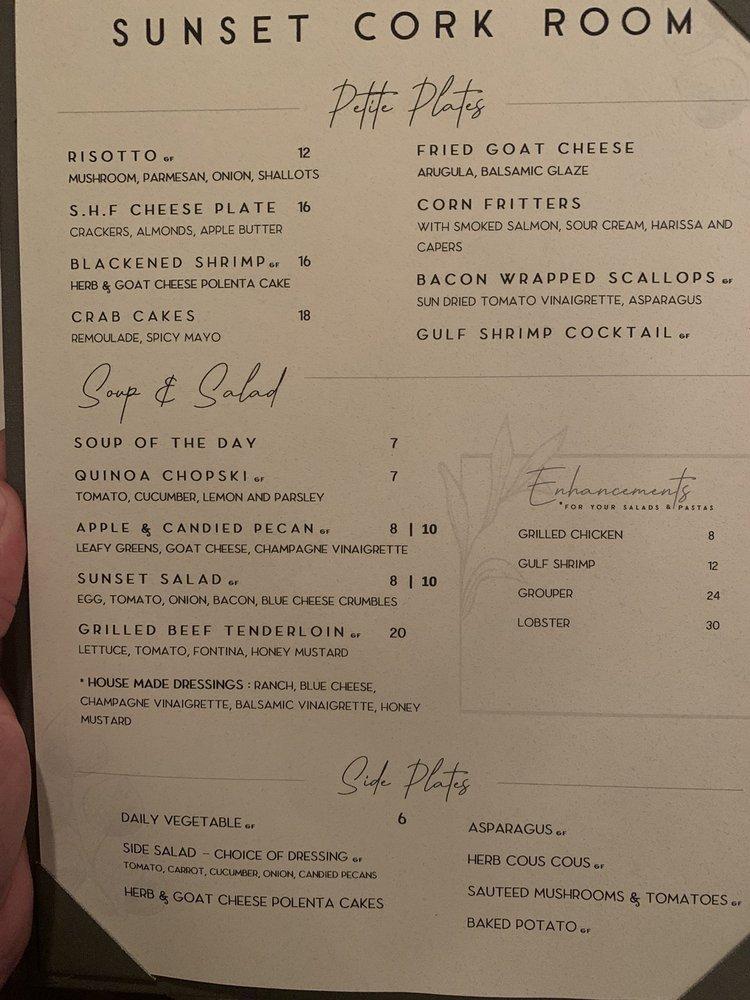 Menu at Sunset Cork Room pub & bar, Gulf Shores, 225 E 16th Ave #3507
