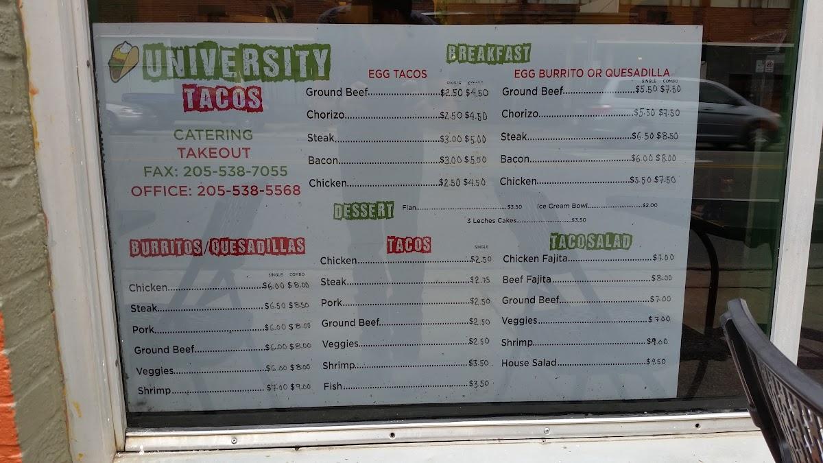 Menu at University Tacos and Burritos restaurant, Birmingham