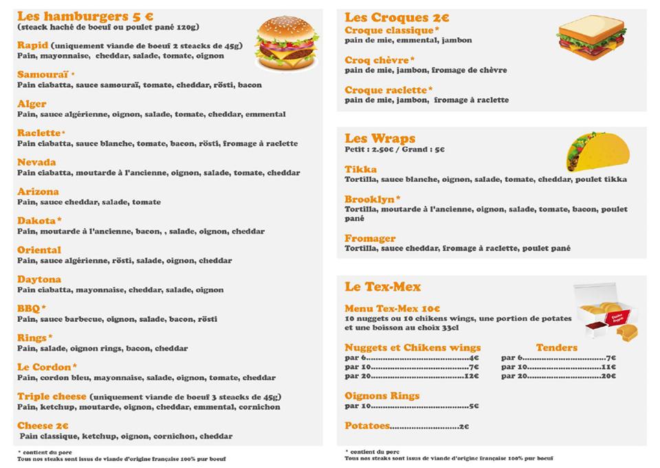 Menu au rapid burger restaurant, Cahors