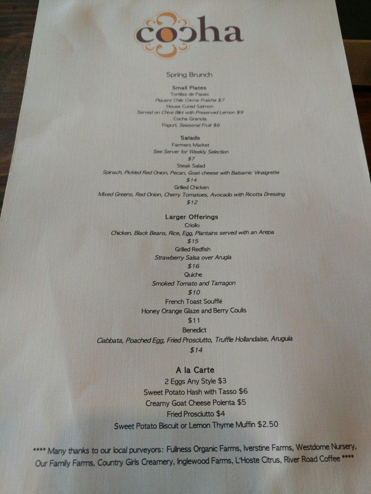 Menu at Cocha restaurant, Baton Rouge, 445 N 6th St