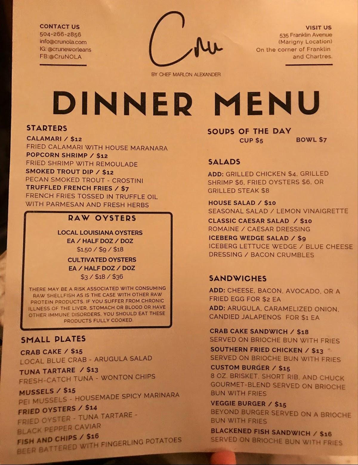 Menu at Cru by Chef Marlon Alexander pub & bar, New Orleans